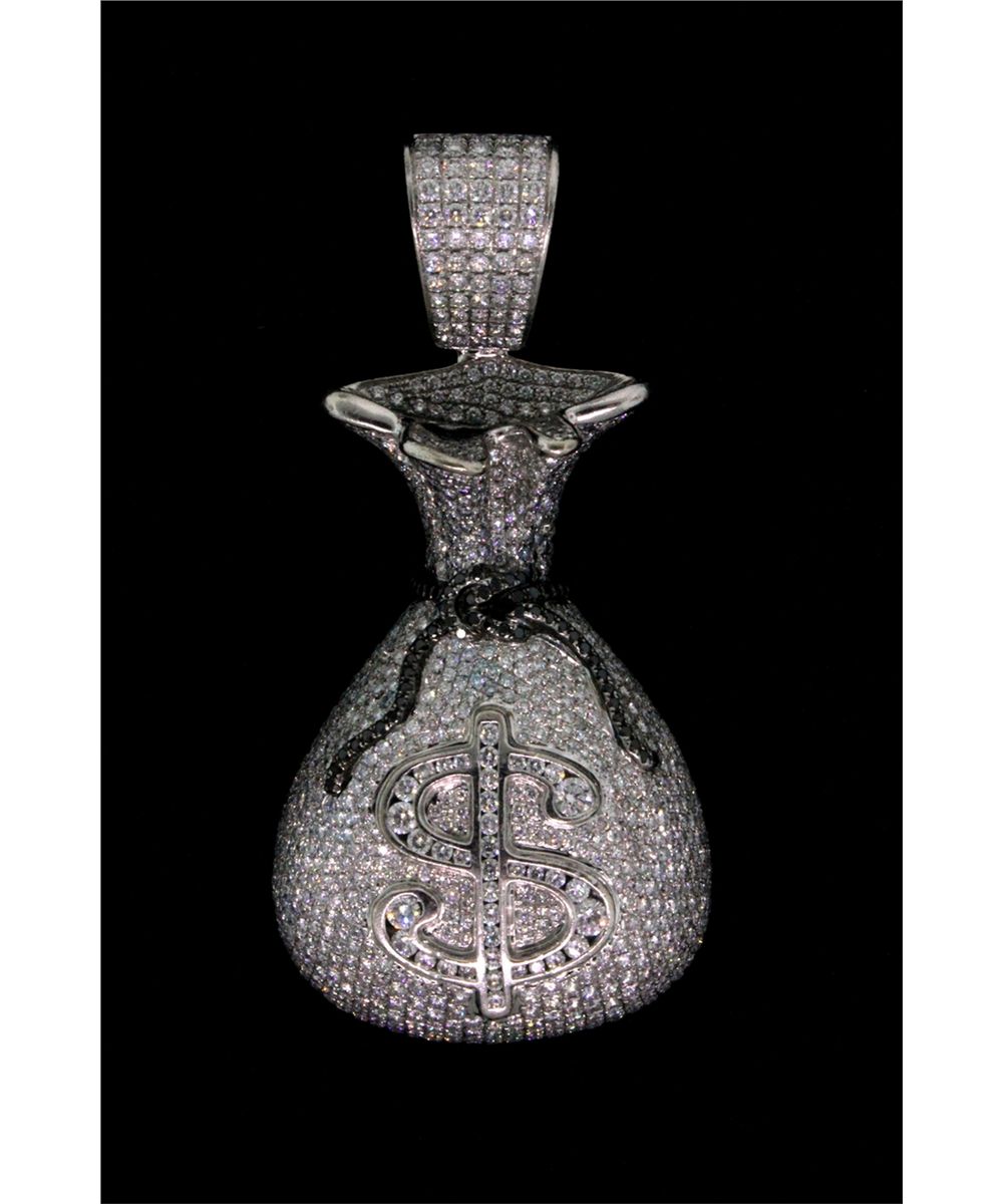 JEWELRY: Diamond and 14k white gold Money Bag pendant