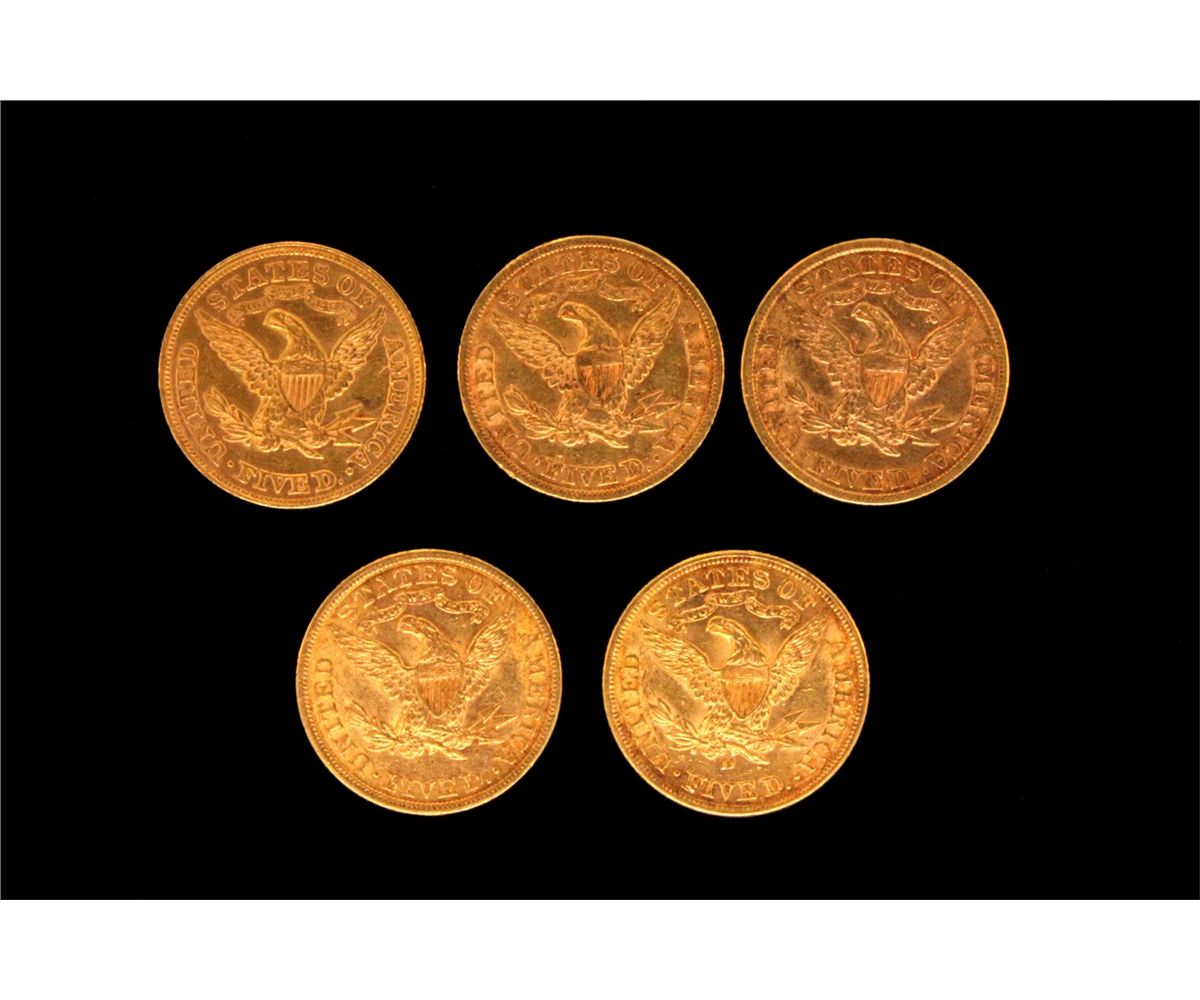 COIN: (5) US Five Dollar Gold Coins
