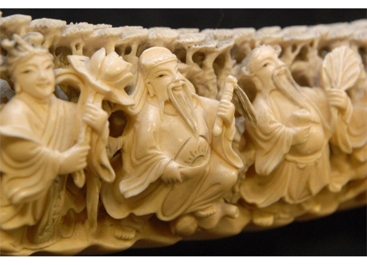 CHINESE QING RELIEF CARVED IVORY SCENE TUSK