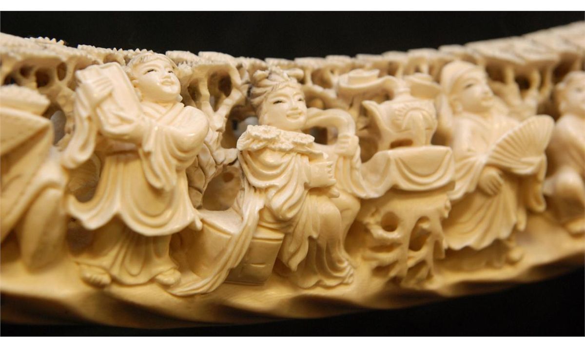 CHINESE QING RELIEF CARVED IVORY SCENE TUSK