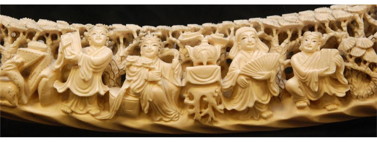 CHINESE QING RELIEF CARVED IVORY SCENE TUSK