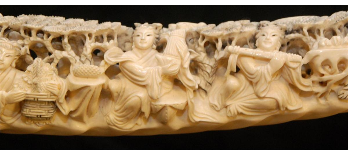 CHINESE QING RELIEF CARVED IVORY SCENE TUSK