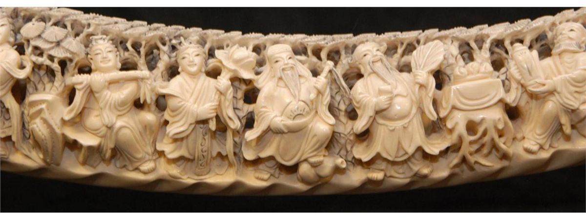 CHINESE QING RELIEF CARVED IVORY SCENE TUSK