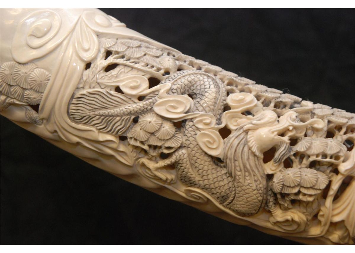 CHINESE QING RELIEF CARVED IVORY SCENE TUSK