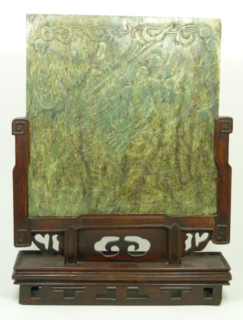 CHINESE CARVED SPINACH JADE SCREEN WITH STAND