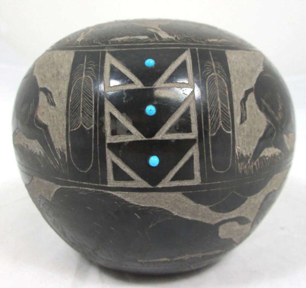 Sgraffito Black Ware Native American Seed Pot