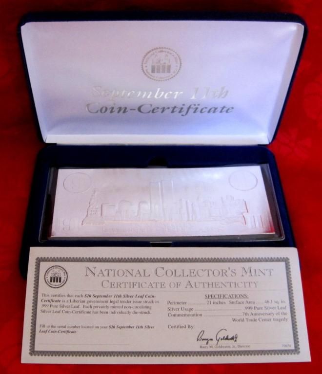 $20 Dollar .999 Silver Leaf 9/11 Coin-Certificate
