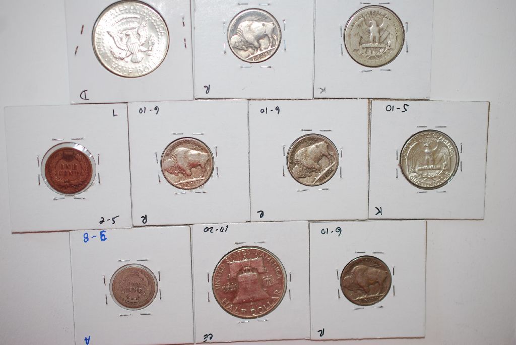 Various US Coins; Penny, Nickel, Dime, Quarter & Half Dollar; Lot of 10 ...