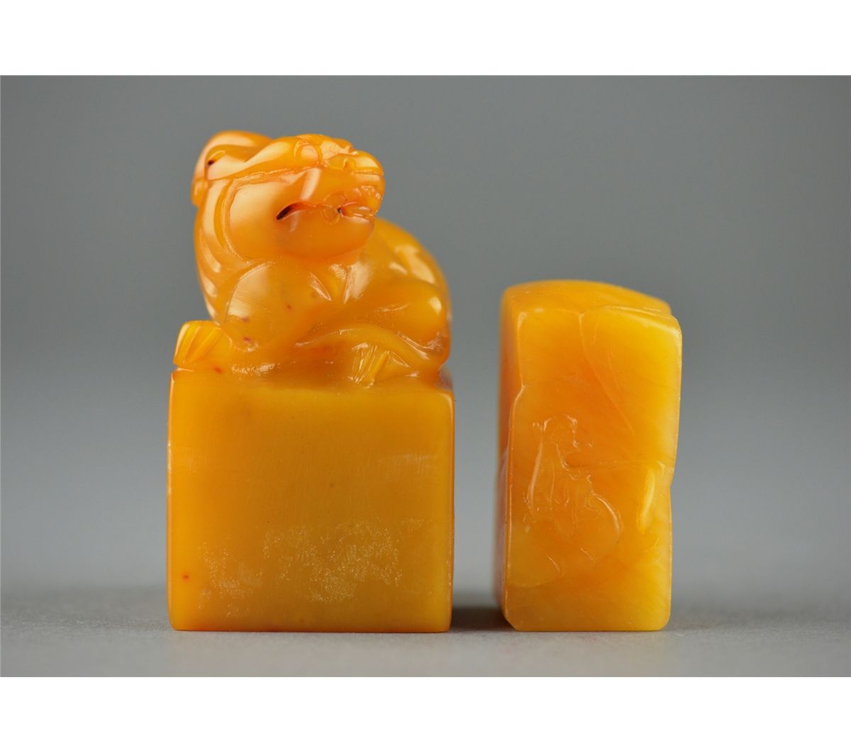 Set Two Chinese Carved Shoushan Seal & Seal Block