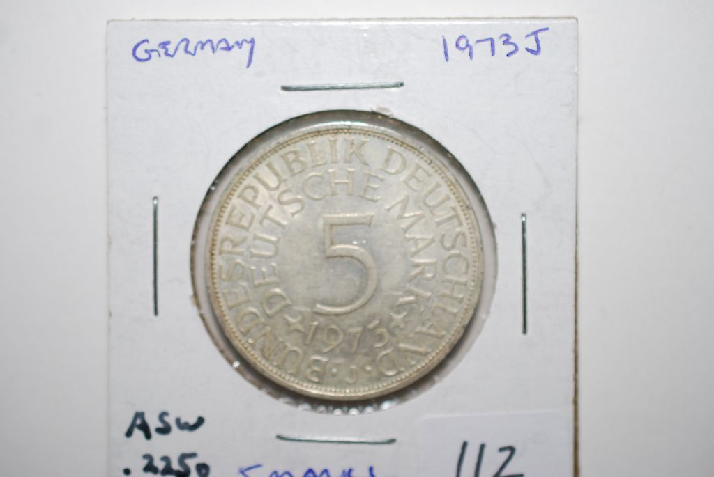 1973-J German 5 Deutsche Mark Foreign Coin; .2250 ASW; EST. $15-25