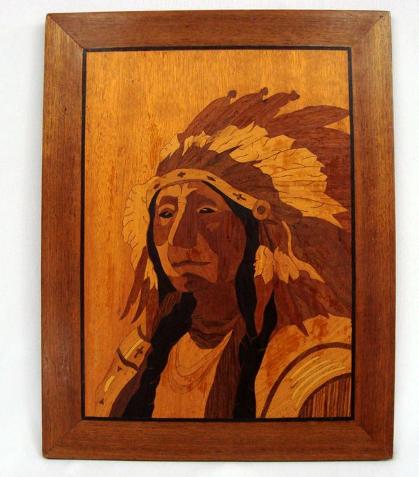 Framed Wooden Marquetry Native American Art