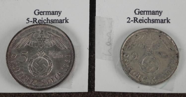 2 NAZI SILVER COINS-2 & 5 REICHSMARKS-1936 & 38 NICE