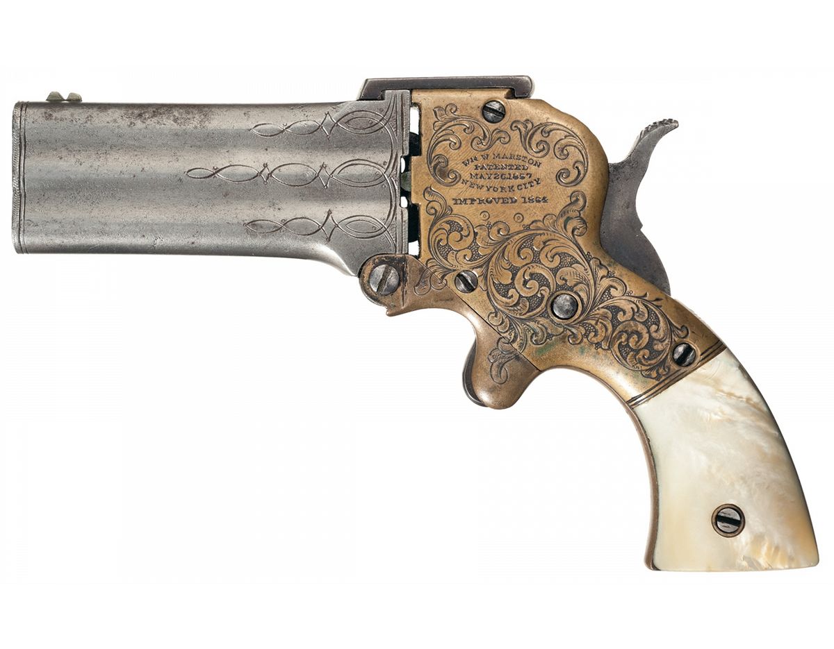 Scarce Engraved Wm. W. Marston Three Barrel 32 Derringer with Pearl Grips