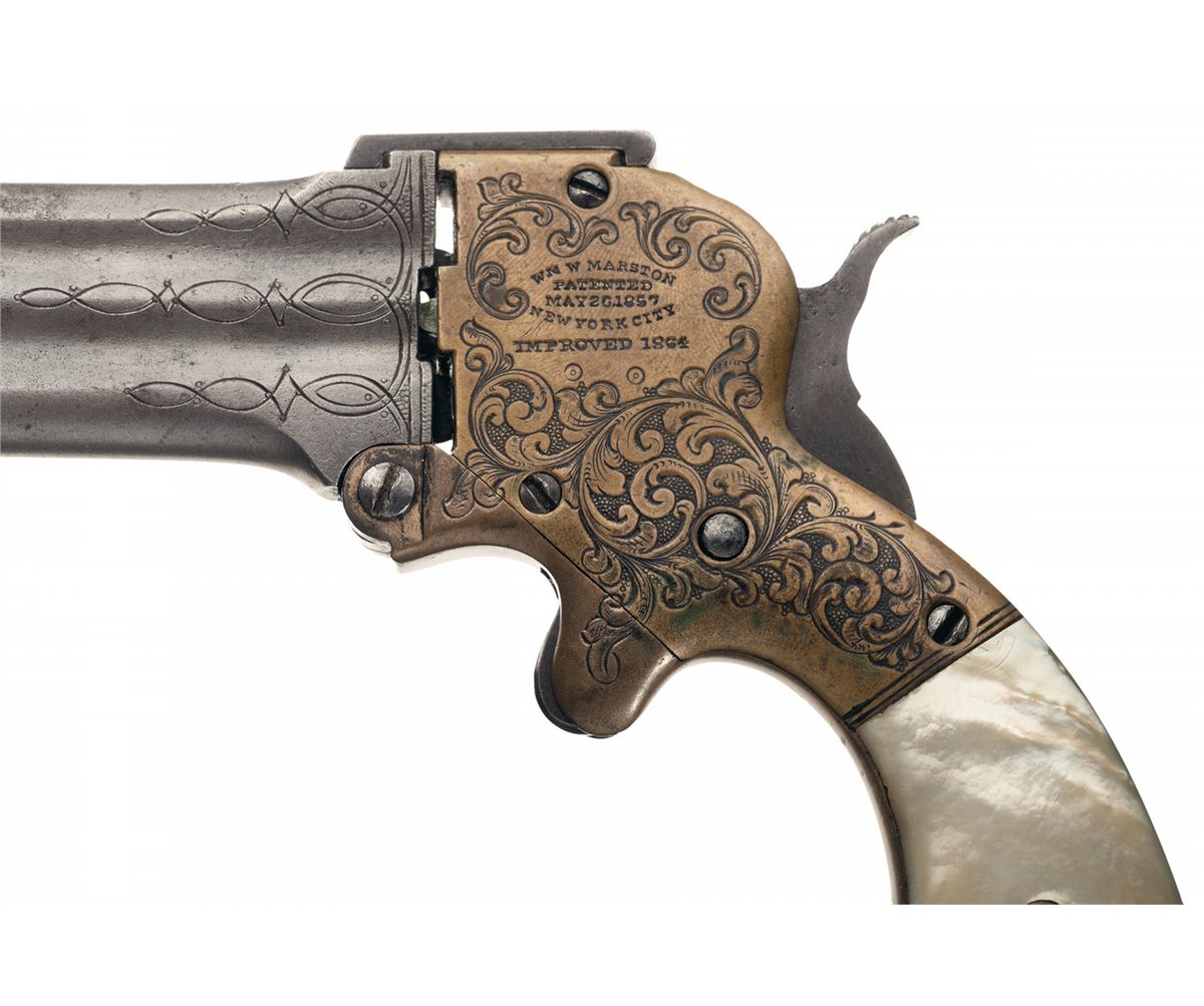 Scarce Engraved Wm. W. Marston Three Barrel 32 Derringer with Pearl Grips