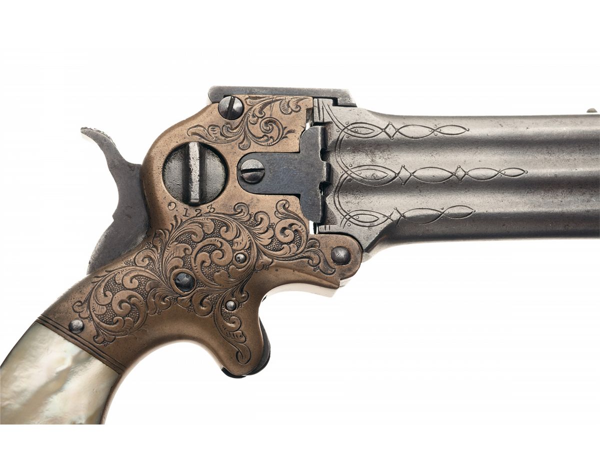 Scarce Engraved Wm. W. Marston Three Barrel 32 Derringer with Pearl Grips