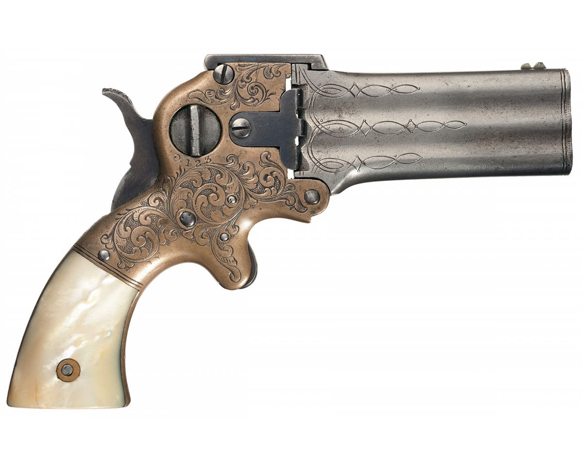 Scarce Engraved Wm. W. Marston Three Barrel 32 Derringer with Pearl Grips