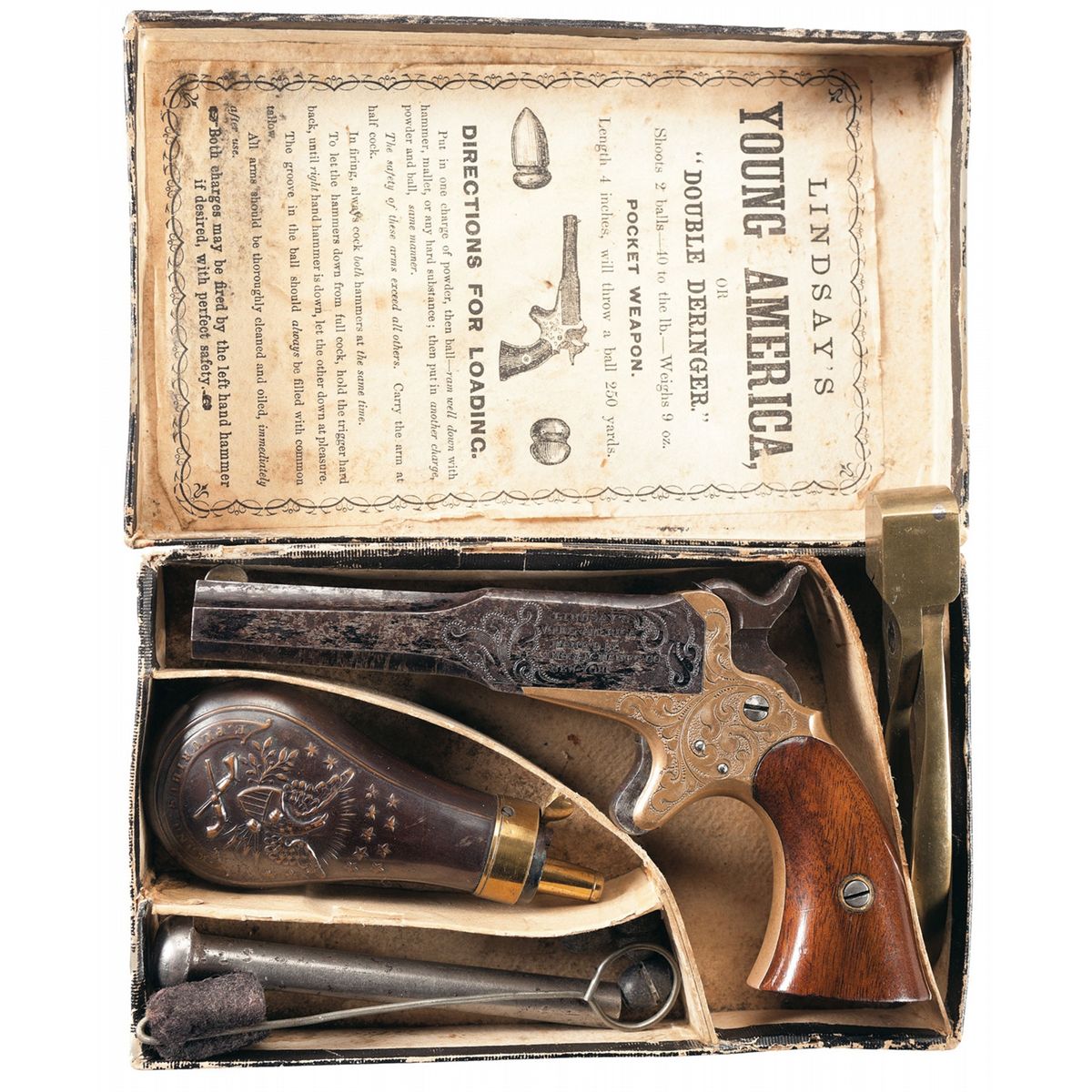 Spectacular Rare Engraved Lindsay Two Shot Pocket Pistol with Box and ...