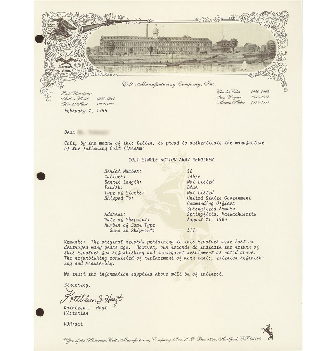 Colt Single Action Army Revolver Serial Number 26 with Factory Letter