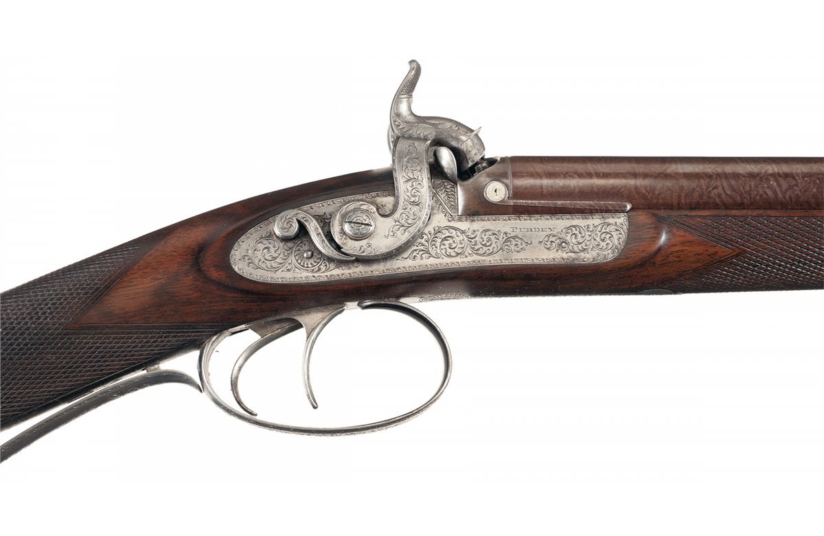 Finely Engraved J. Purdey Side by Side Damascus Percussion Rifle with ...