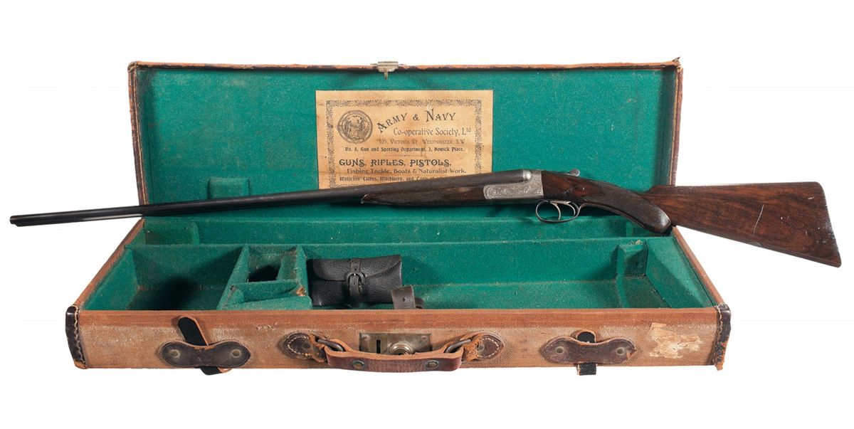 Engraved Army & Navy Box Lock Double Barrel Shotgun with Case