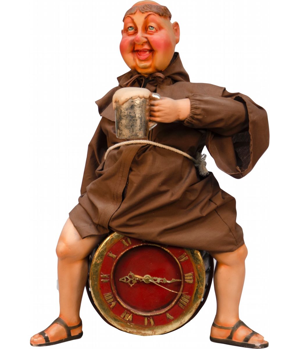 Plastic Figural Monk Sitting On Barrel Drinking A Beer