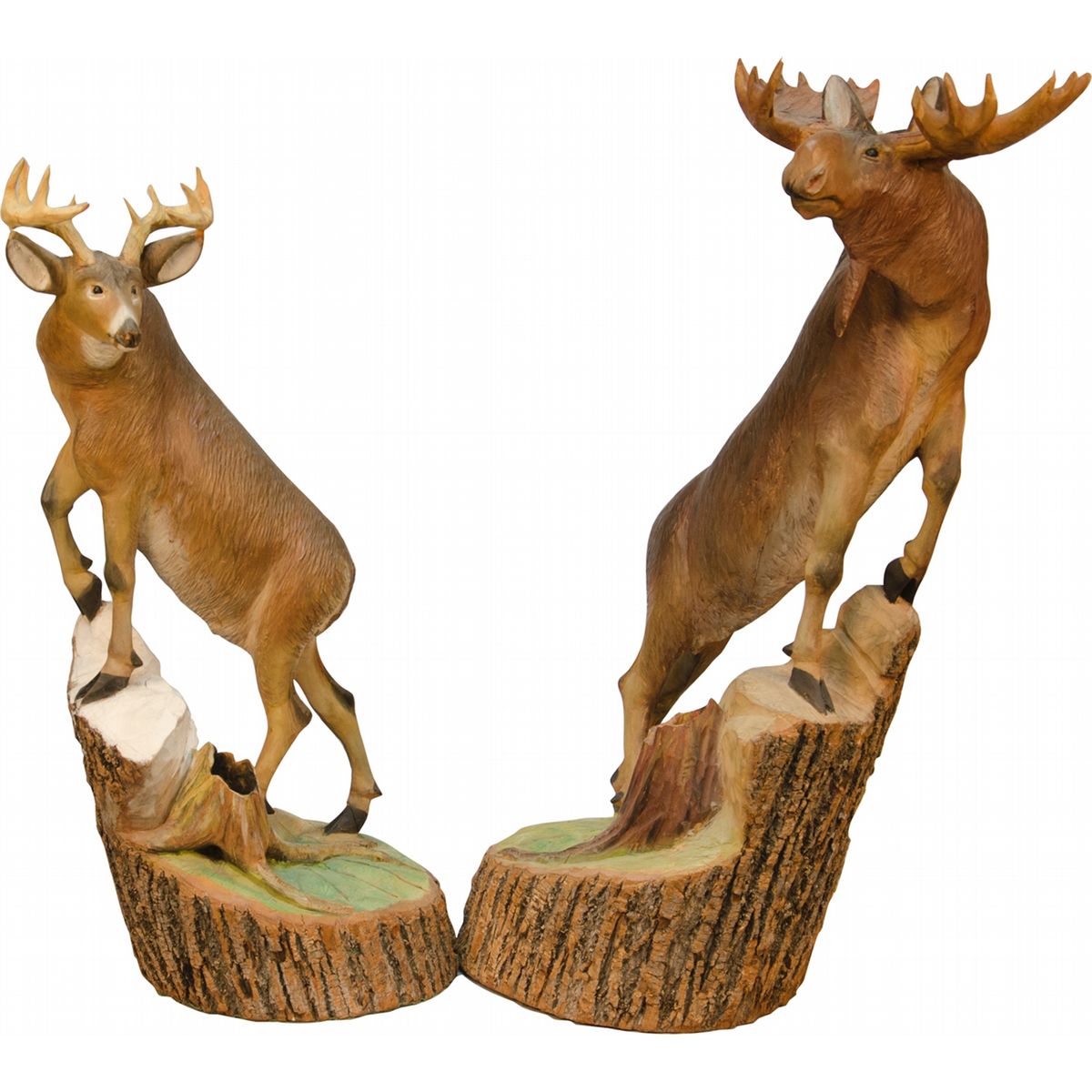 Lot Of 2 Wood Hand-Carved Folk Art Figural Deer & Moose
