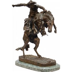 Broncho Buster Cowboy On Horse Bronze Figural Statue