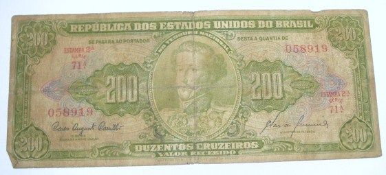 1943 BRAZIL 200 DUZENTOS CRUZEIROS BANKNOTE *EXTREMELY RARE HARD TO ...