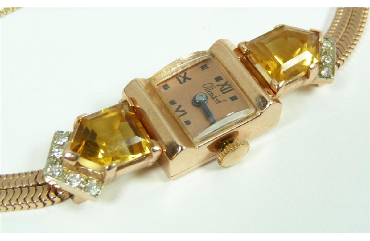 LADIES OLLENDORF 14K RG DIAMOND CITRINE WATCH