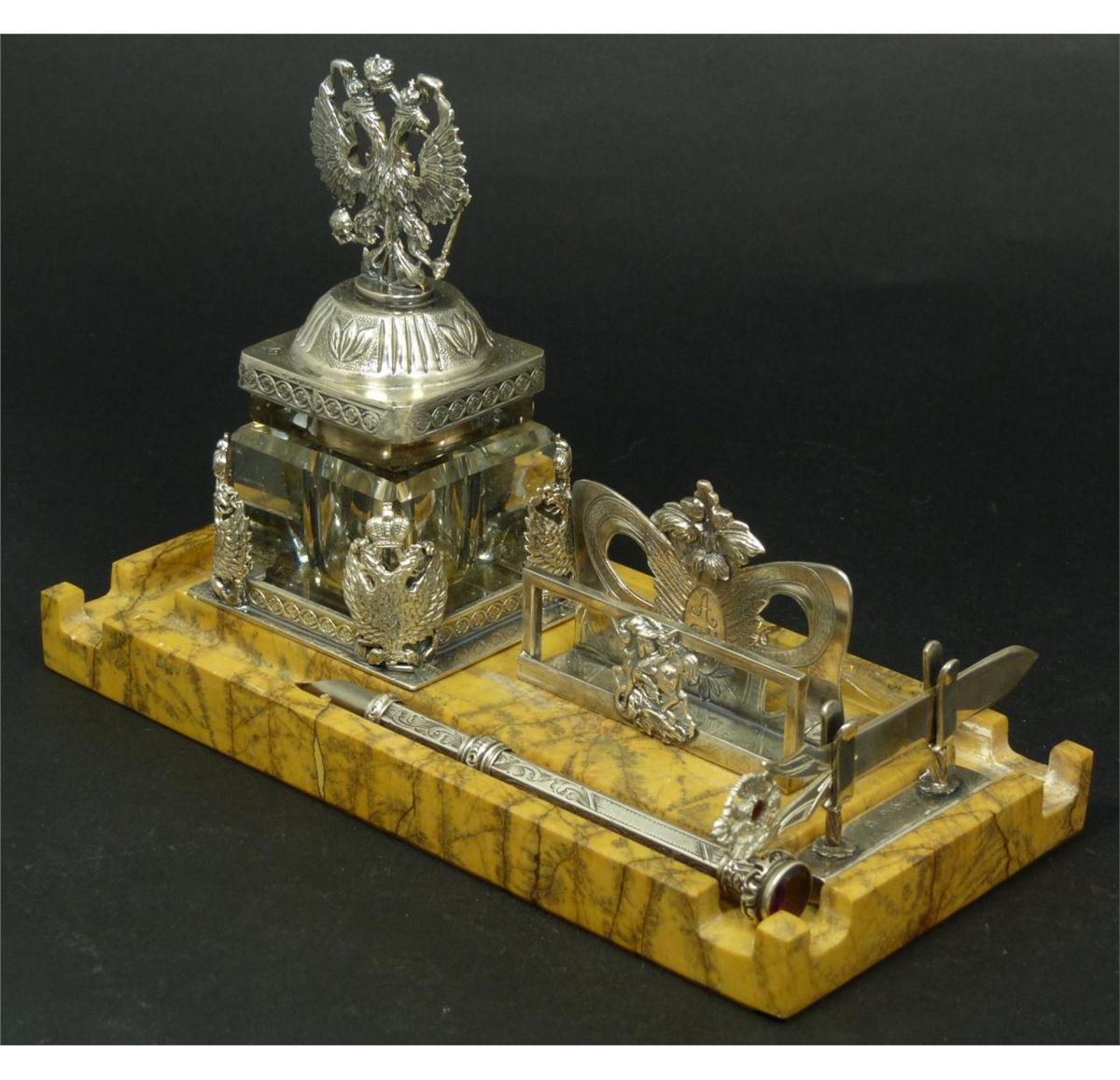 3 PIECE RUSSIAN SILVER & MARBLE INKWELL DESK SET
