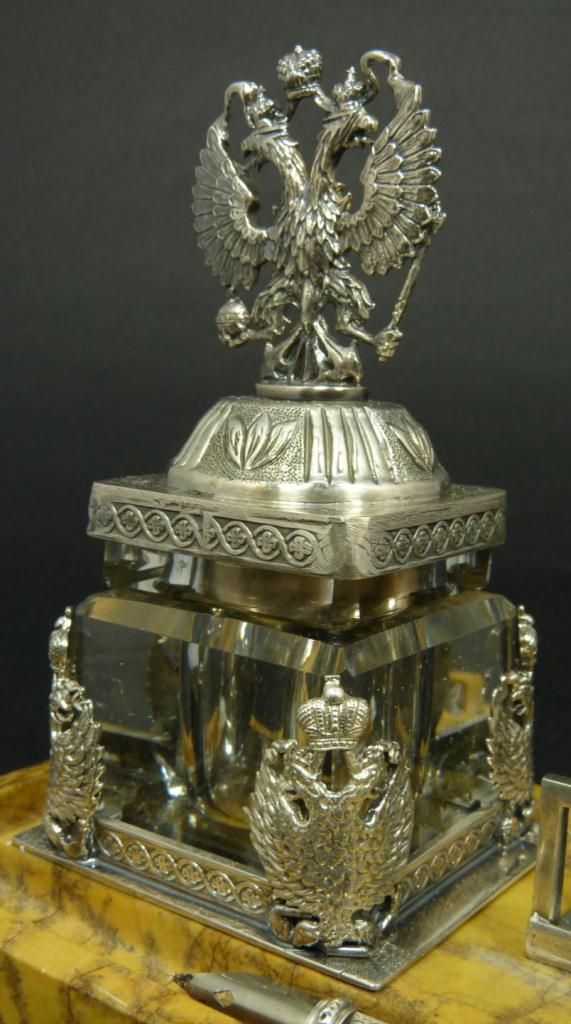 3 PIECE RUSSIAN SILVER & MARBLE INKWELL DESK SET