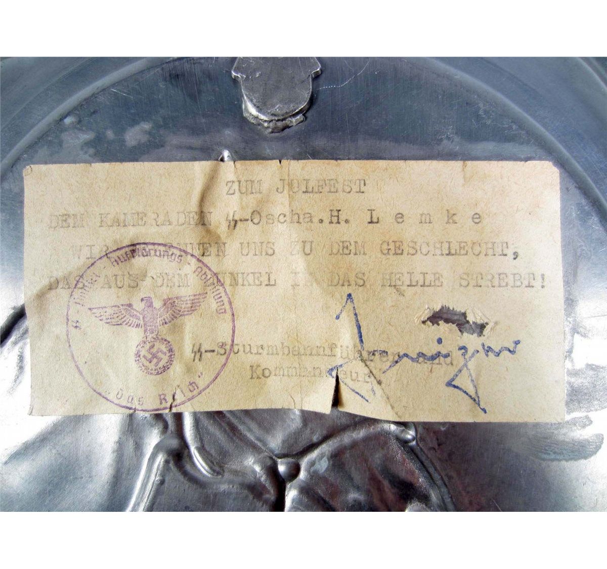 GERMAN NAZI SS JULFEST HORSE PEWTER WALL PLAQUE W/ PAPER LABEL ON REVERSE