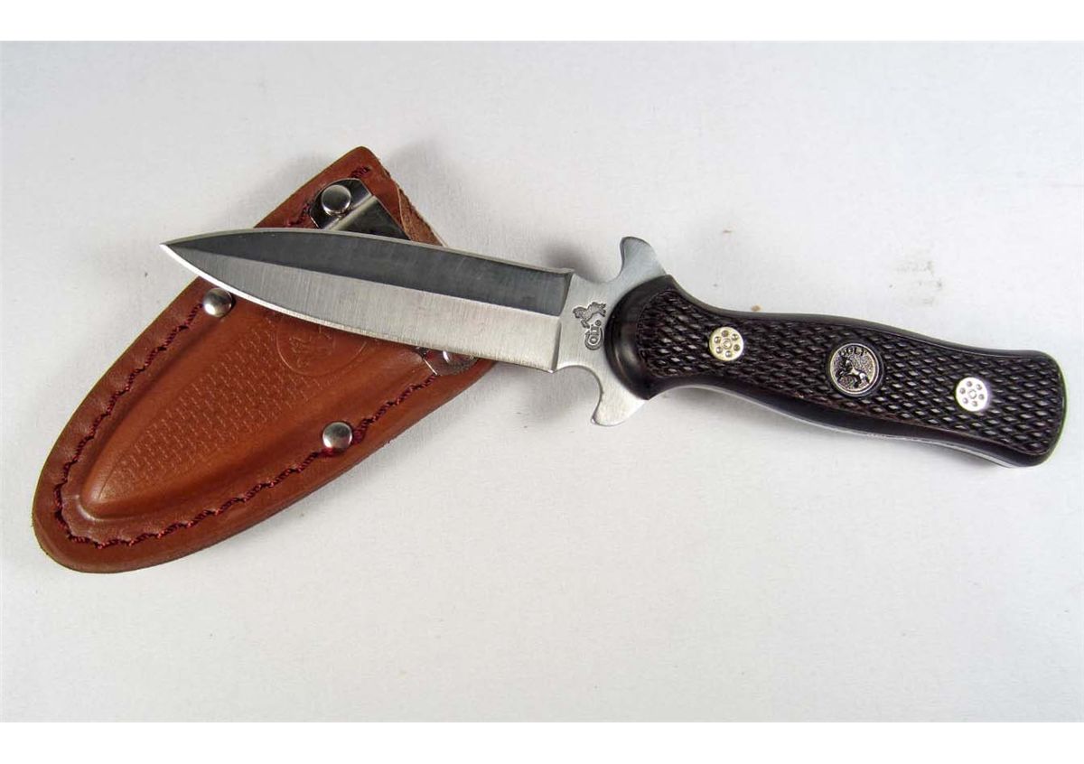 COLT BOOT KNIFE W/ CHECKERED WOOD HANDLE AND SHEATH