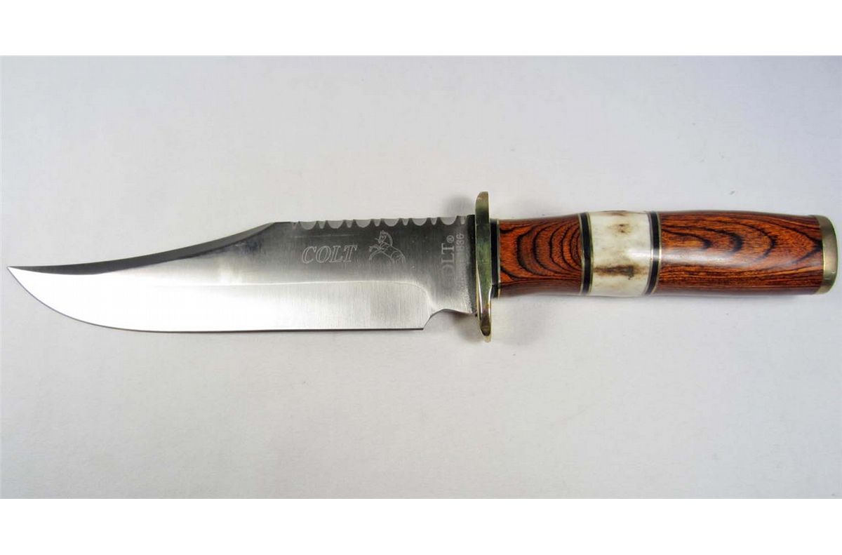 COLT SAWBACK BOWIE KNIFE W/ PAKKAWOOD AND STAG HANDLE W/ SHEATH