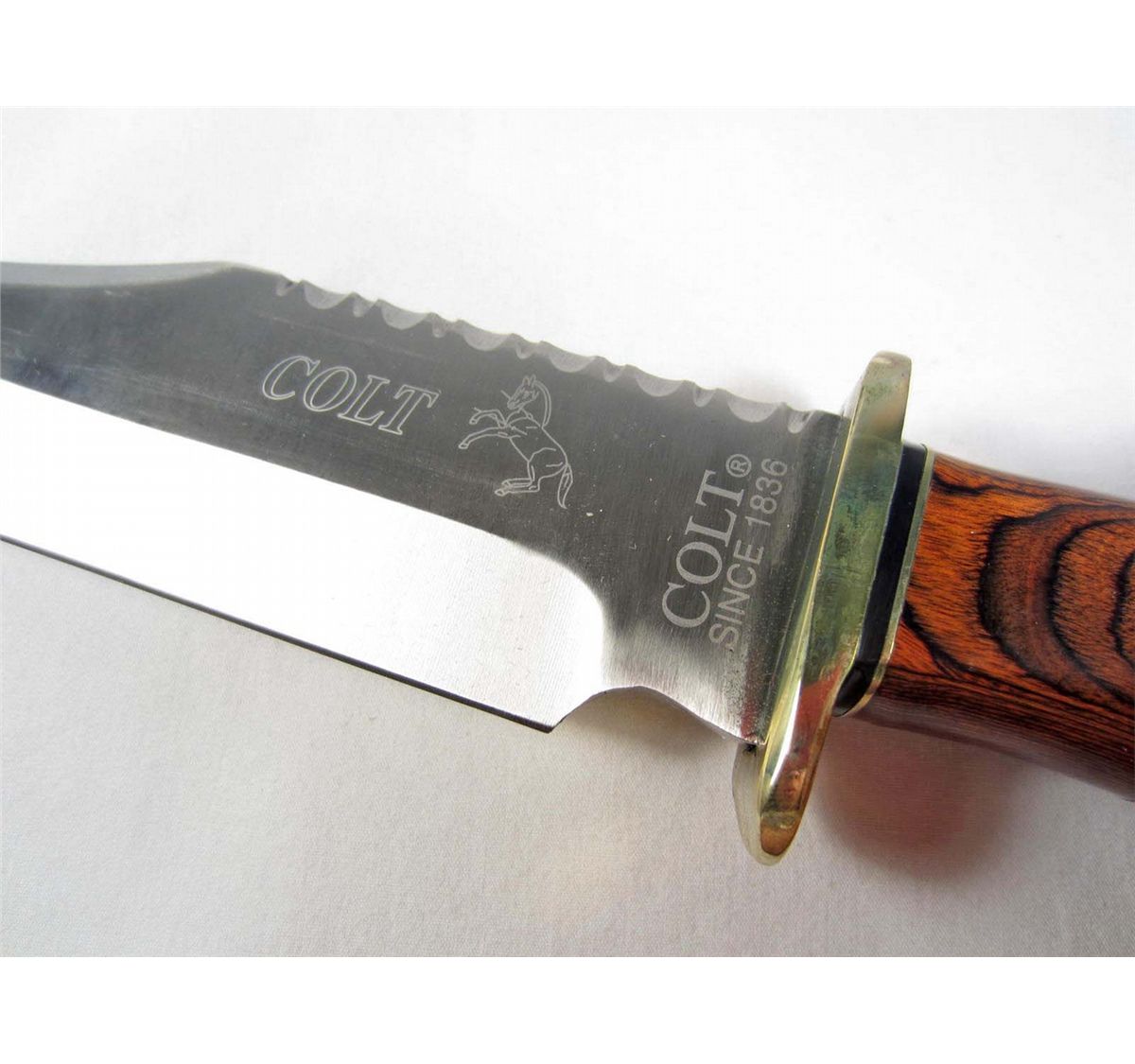 COLT SAWBACK BOWIE KNIFE W/ PAKKAWOOD AND STAG HANDLE W/ SHEATH