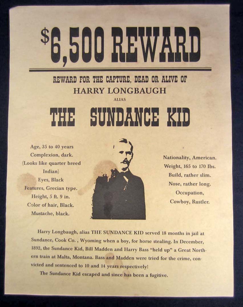 THE SUNDANCE KID OUTLAW REWARD POSTER