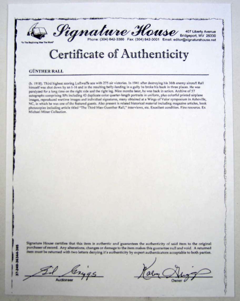 GERMAN NAZI LUFTWAFFE ACE GUNTHER RALL SIGNED PHOTO W/ COA AND ARTICLE