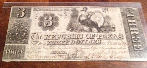 Uncirculated 1840 Republic Of Texas $3 Bill,Extremely Rare, Cut-Cancelled