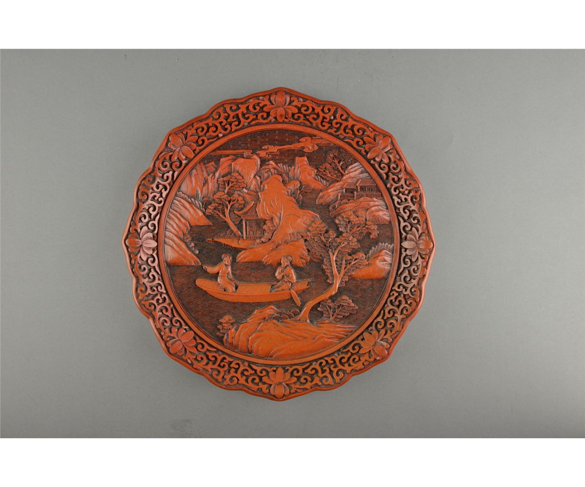 Chinese Carved Cinnabar Lacquer Plate Qianlong