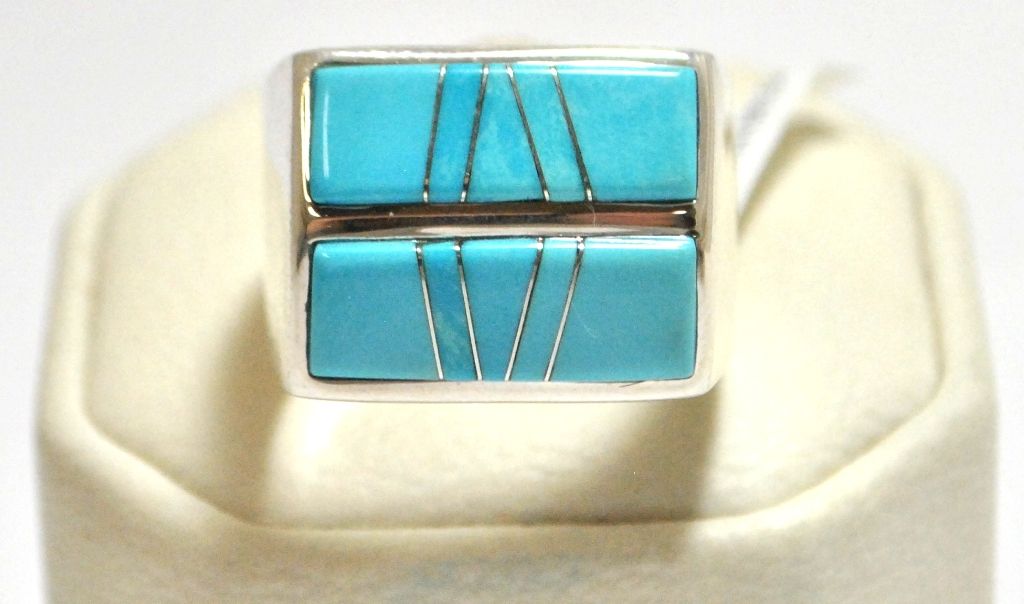 Navajo Turquoise Inlay Sterling Silver Men's Ring - Calvin Begay