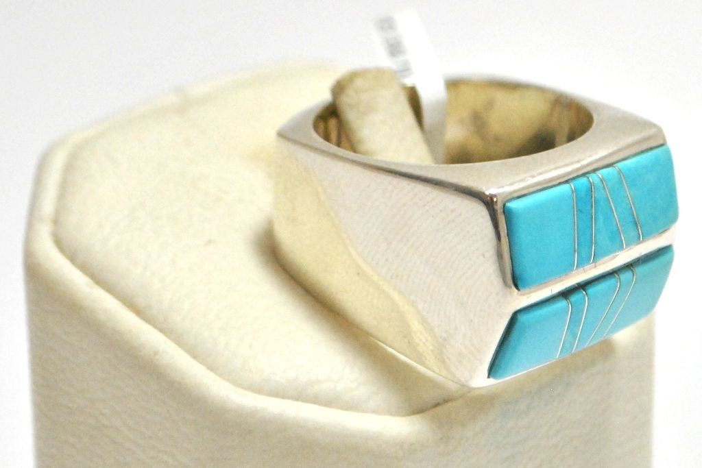 Navajo Turquoise Inlay Sterling Silver Men's Ring - Calvin Begay