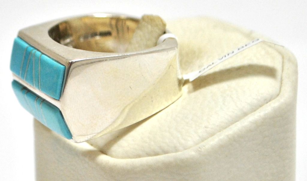 Navajo Turquoise Inlay Sterling Silver Men's Ring - Calvin Begay