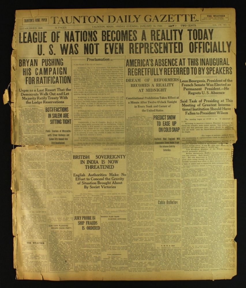 Vintage 1920 Newspaper with Headline "League of Nations Becomes a ...