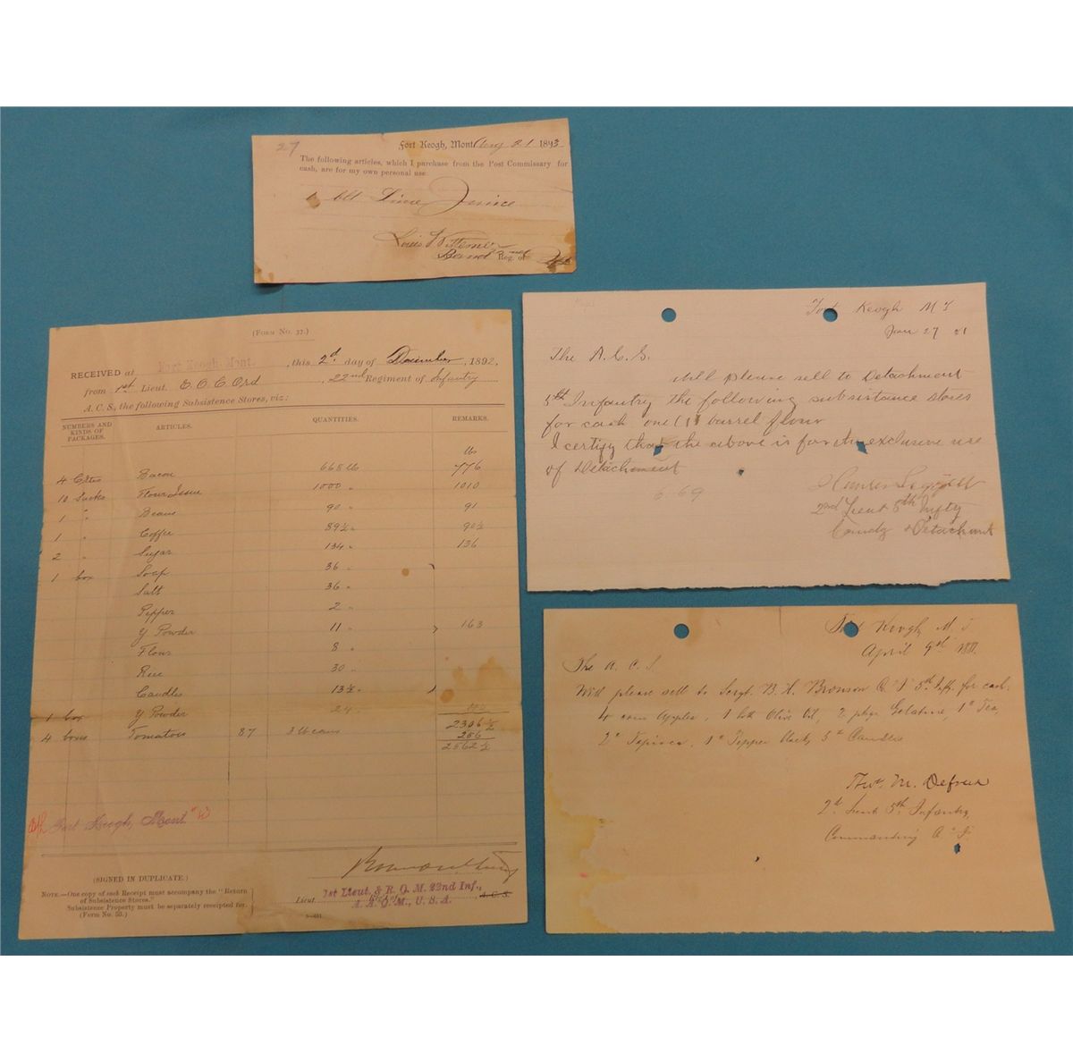 4 pieces from Fort Keogh, Montana Territory. Post Commissary receipts ...