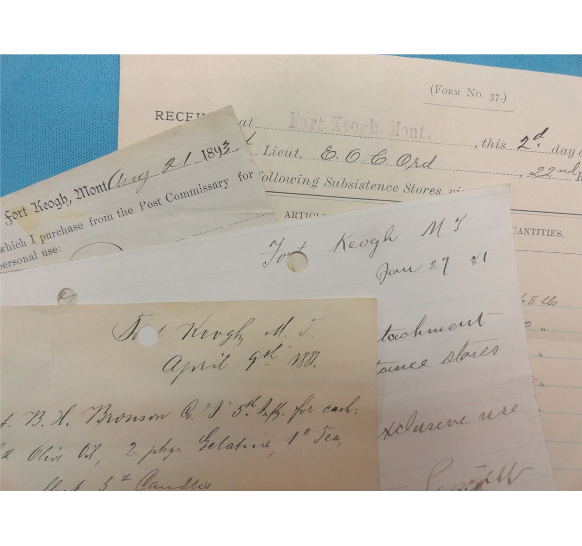 4 pieces from Fort Keogh, Montana Territory. Post Commissary receipts ...