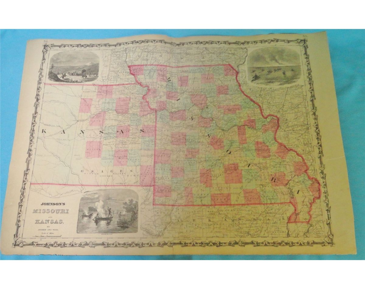 Map: Johnson’s Missouri and Kansas. 1855. Multi colored18” x 25 ...
