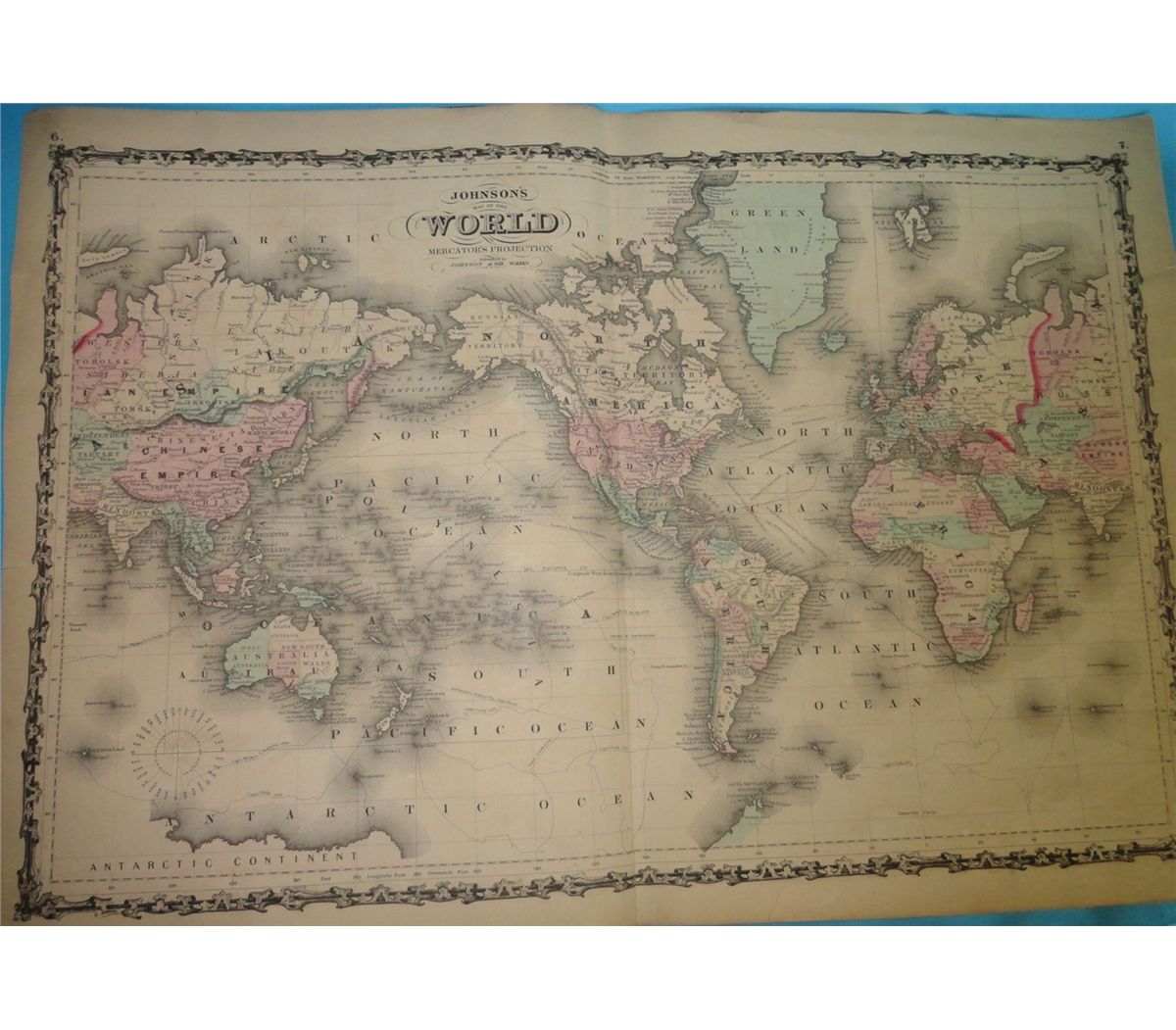 Map: Johnson’s Map of the World. 1885 Circa. Multi colored. 18” x 26”.
