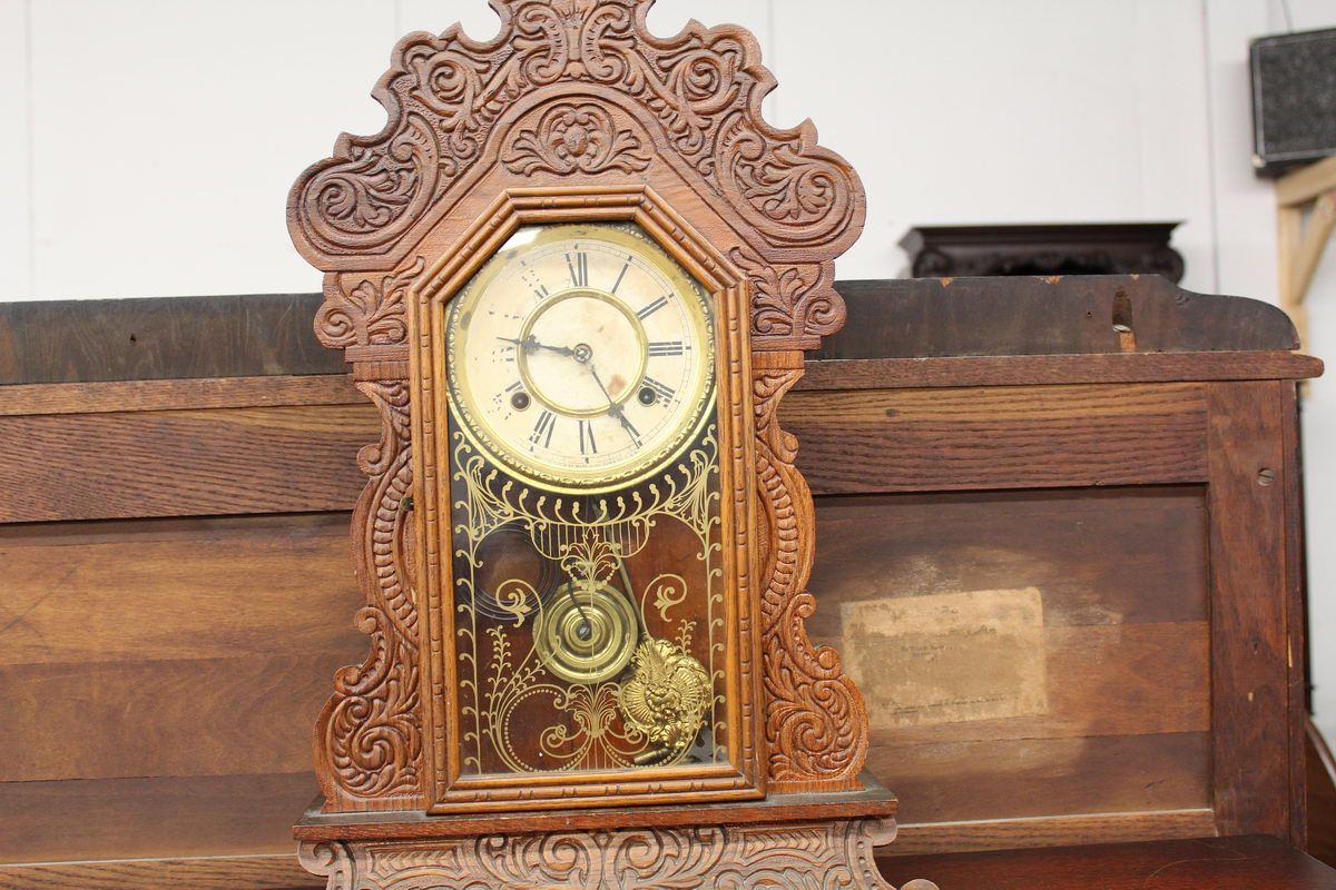 OAK CASED GINGERBREAD CLOCK - BY WATERBURY