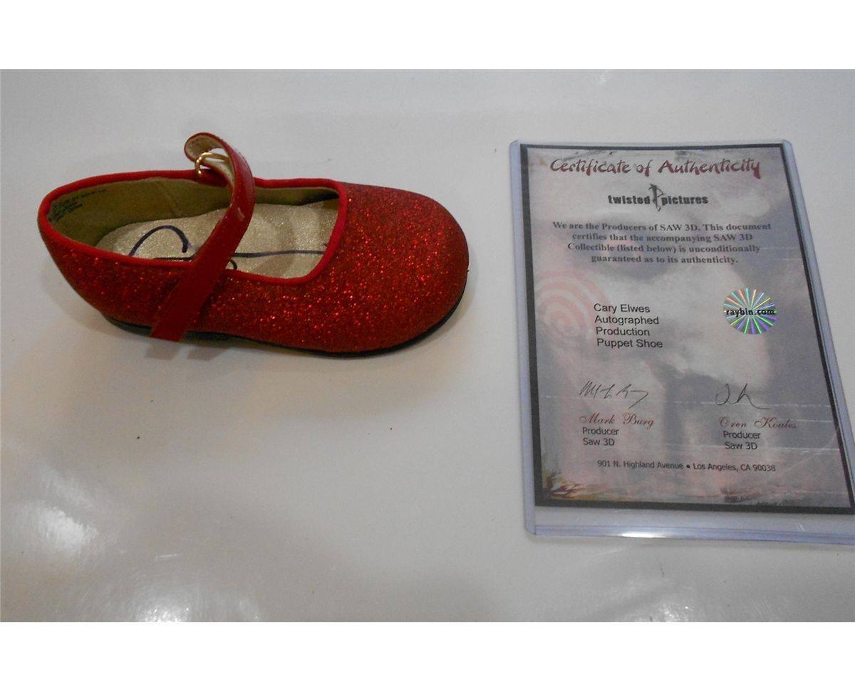 SAW 3D SCREEN USED BILLY THE PUPPET RED SHOE SIGNED BY CARY ELWES