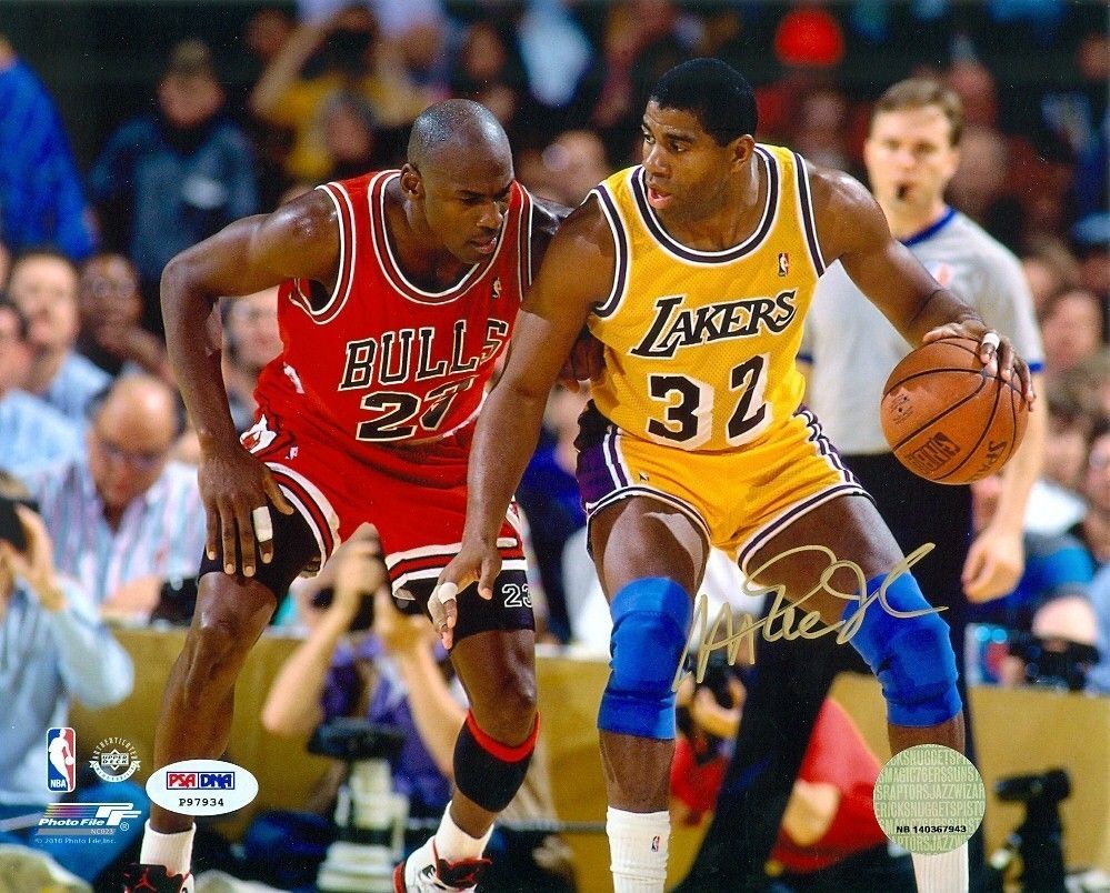 MAGIC JOHNSON SIGNED AUTOGRAPHED 8X10 VS MICHAEL JORDAN PSA/DNA COA